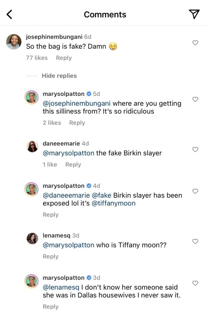 RHOD Drama: Tiffany Moon Alleges Marysol Patton's Fake Kelly Bag